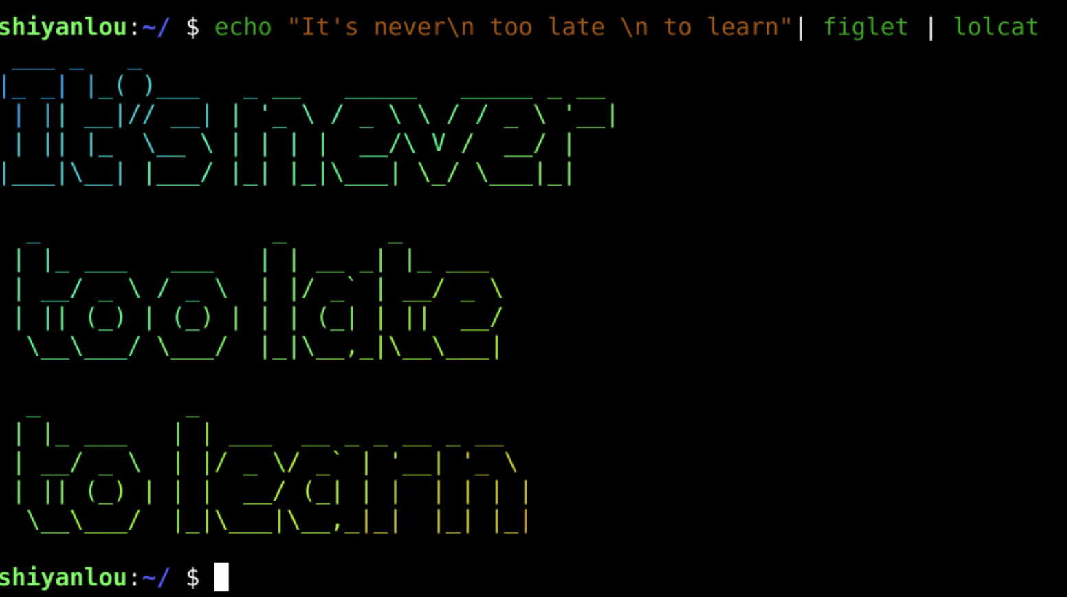 [oeasy]python0036_牛说_cowsay_小动物说话_asciiart_figlet_lolcat_管道(祝大家新年快乐 ...