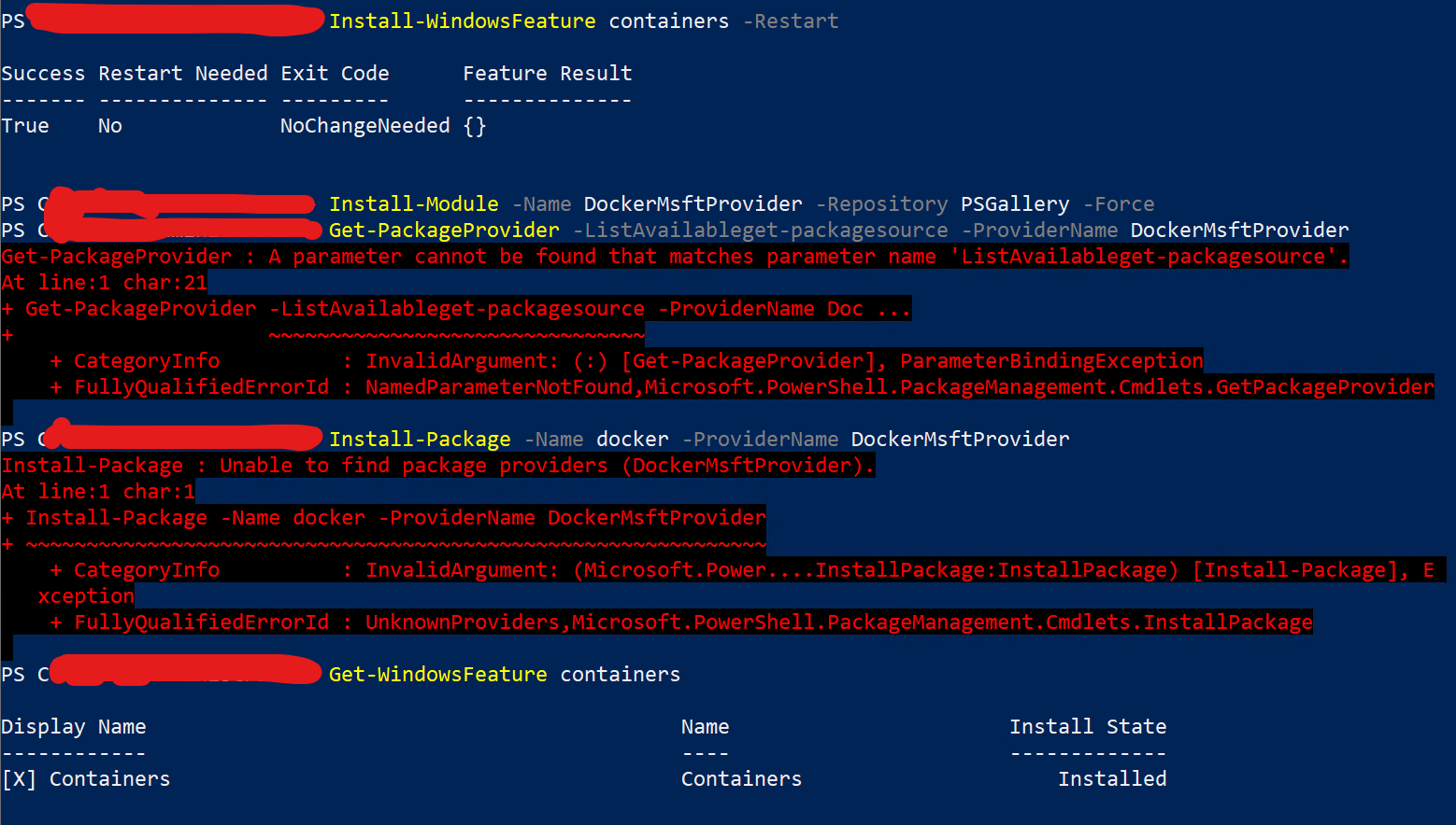安装Docker Windows Server 2019:术语“docker”不能识别为cmdlet、函数、脚本文件或可操作程序的名称-腾讯云开发者社区-腾讯云