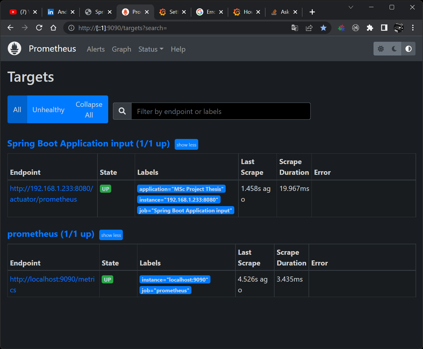 Spring + Prometheus + Grafana:错误阅读Prometheus: Post "http://localhost:9090/api/v1/query"：拨号tcp ...