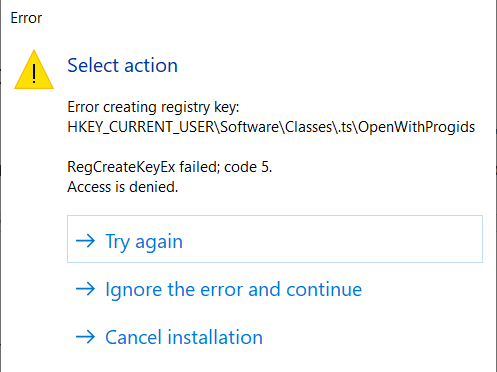 创建注册表项时出错: HKEY_CURRENT_USER\Software\Classes\.ts\OpenWithProgids.RegCreateKeyEx故障:代码5访问被拒绝-腾讯云 ...