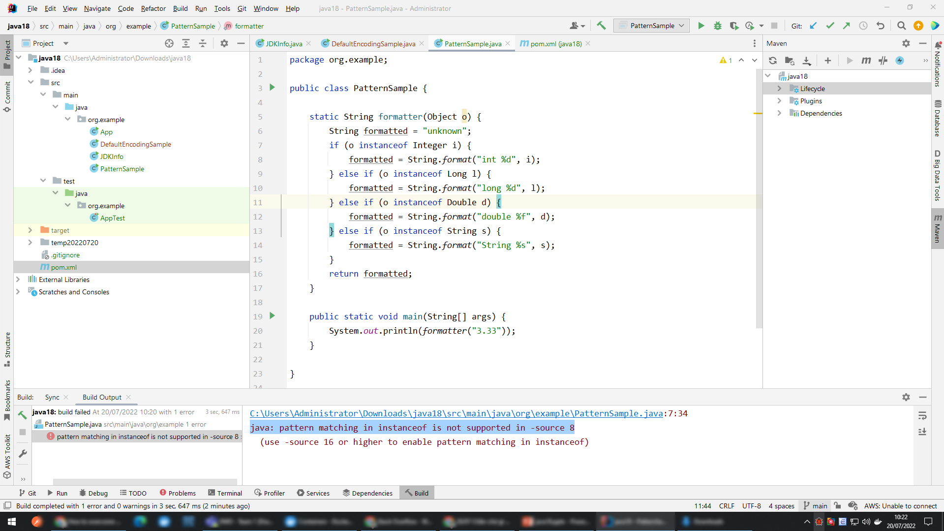 如何克服错误消息"java:模式匹配在-source 8中不受支持“？-腾讯云开发者社区-腾讯云